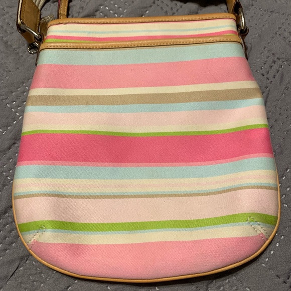Coach | Bags | Coach Pink Cream Multicolor Striped Canvas Crossbody Tan ...